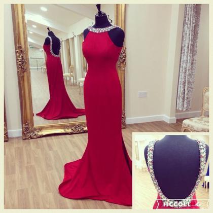 Red Beaded Jewel Neck Prom Dress ,Formal Gown, Evening Dress With Open ...