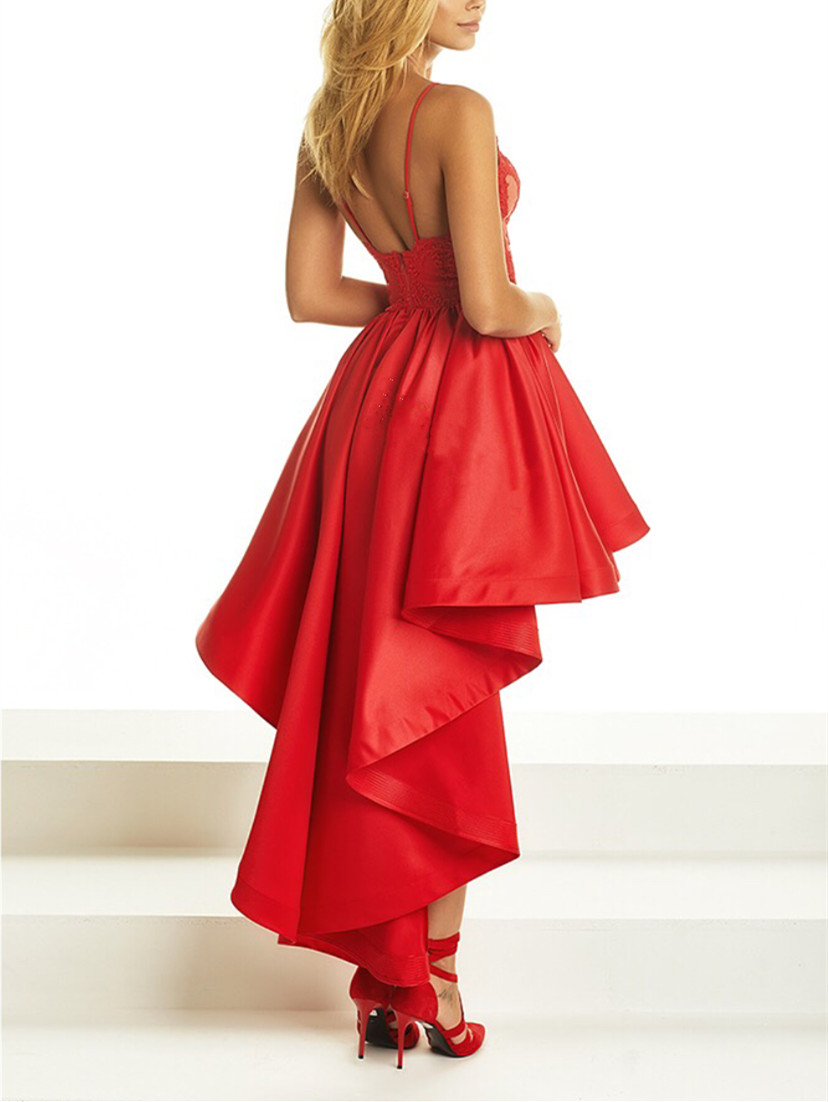 Red Plunging V Neck Homecoming Dress,low Back Party Dress With High Low ...