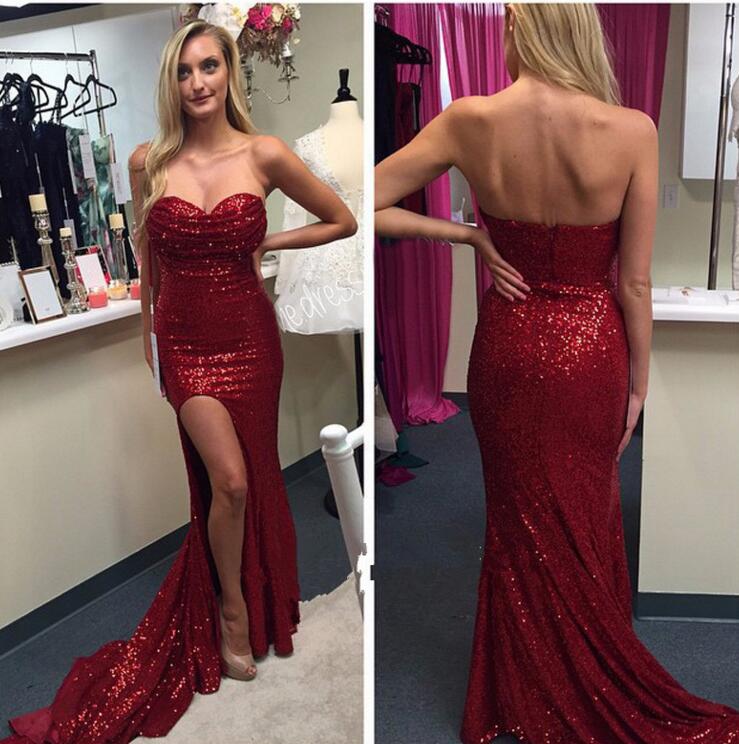 Sweetheart Sequined Wine Red Fitted Formal Gown ,Prom Dress With Side ...