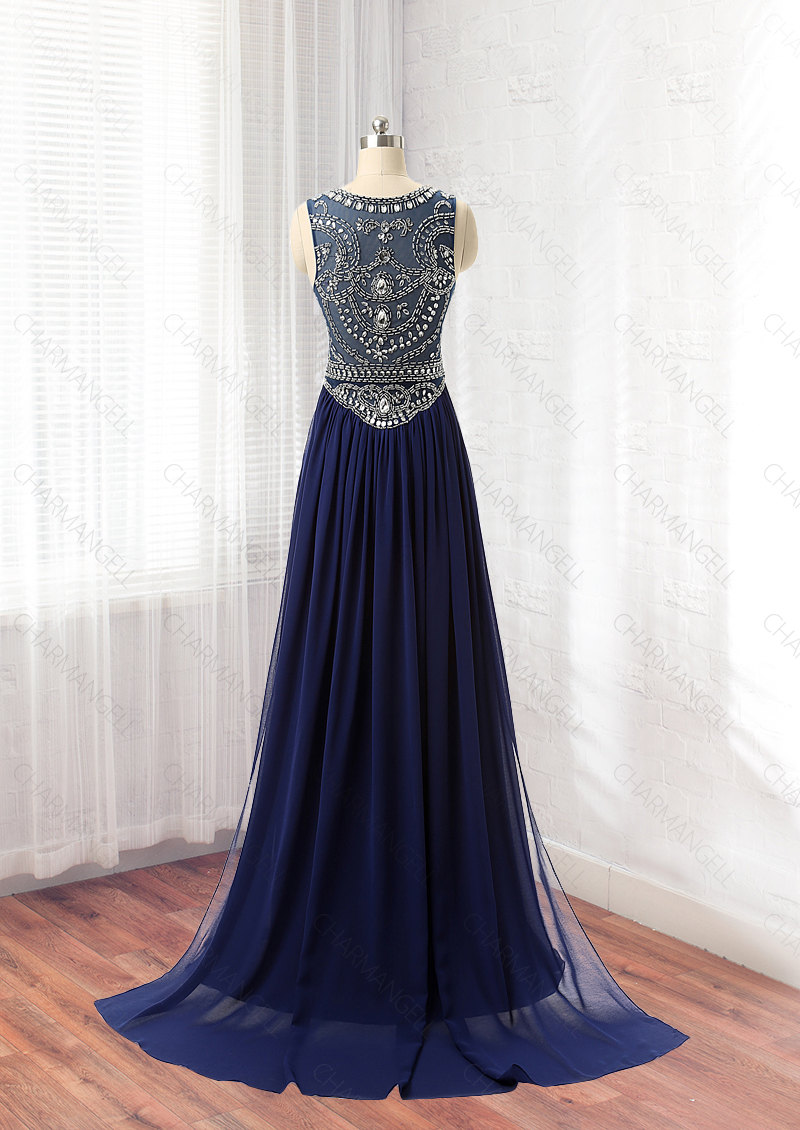 Beaded Navy Blue Chiffon Prom Dress,Evening Gown, Long Dress Sheer Back ...