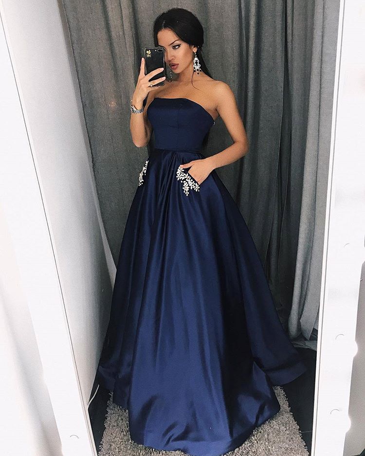 Gorgeous Navy Blue Strapless Prom Dress,A Line Satin Formal Gown With ...