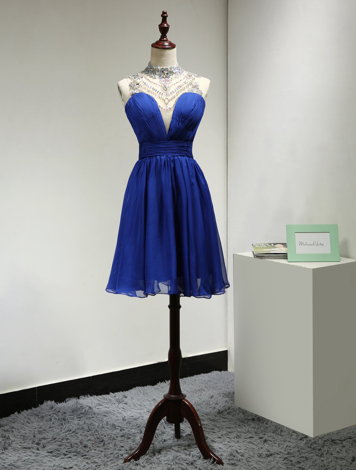 Beaded Illusion High Neck Royal Blue Cocktail Dress With Keyhole Open ...